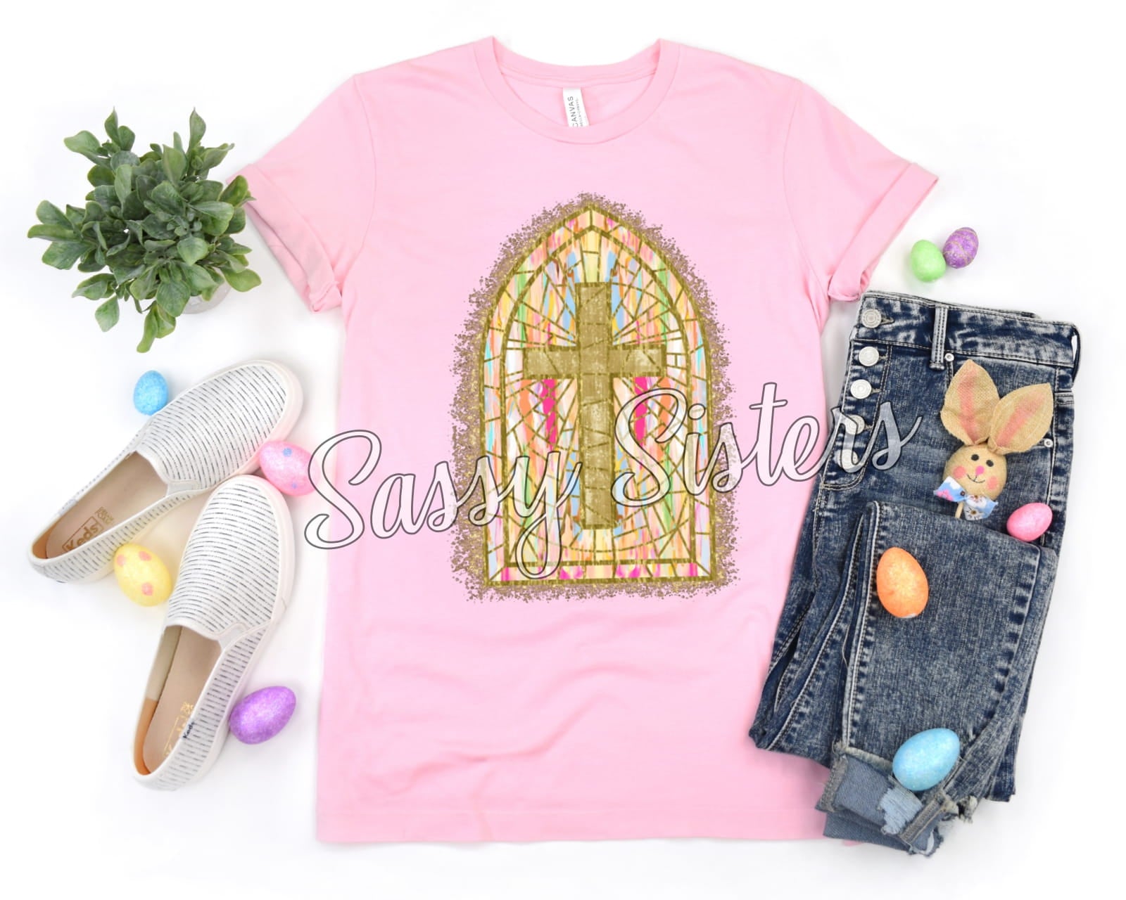 STAINED GLASS WINDOW CROSS NO WORDS - TRANSFER – Sassy Sisters